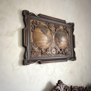 Carved Wood World Map Art, Antique Style Map Illustration, Historical ...