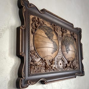 Carved Wood World Map Art, Antique Style Map Illustration, Historical ...