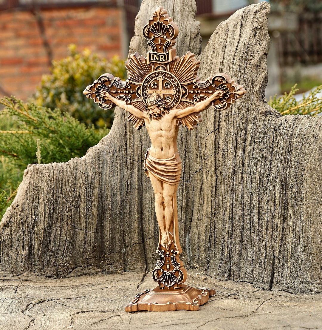Carved Wooden Crucifix With Stand, Catholic Crucifix, Jesus Christ ...