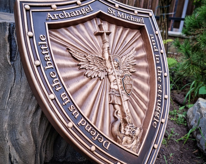 Holy Shield Archangel Michael Carved Wooden Wall Mount Catholic Wood ...