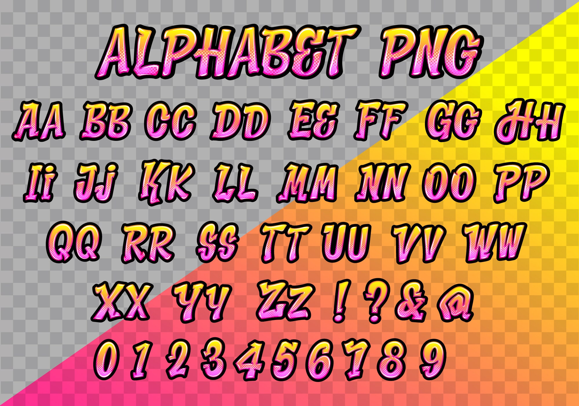 Kissi Yellow Pink Color Alphabet Letters & Numbers PNG. File - Etsy