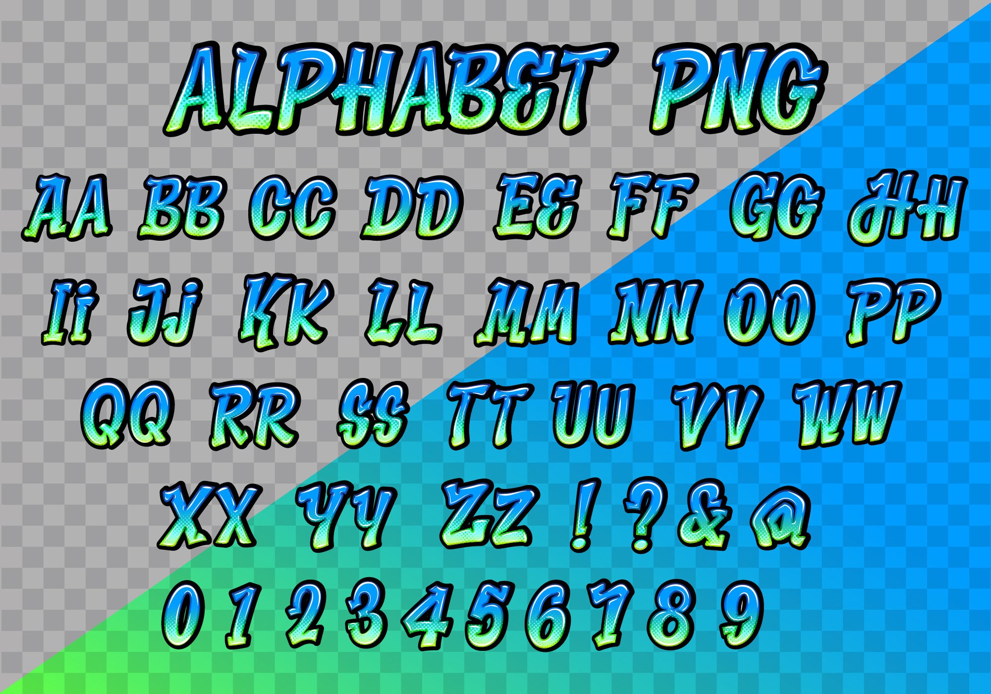 Kissi Blue Green Color Alphabet Letters & Numbers PNG. File - Etsy