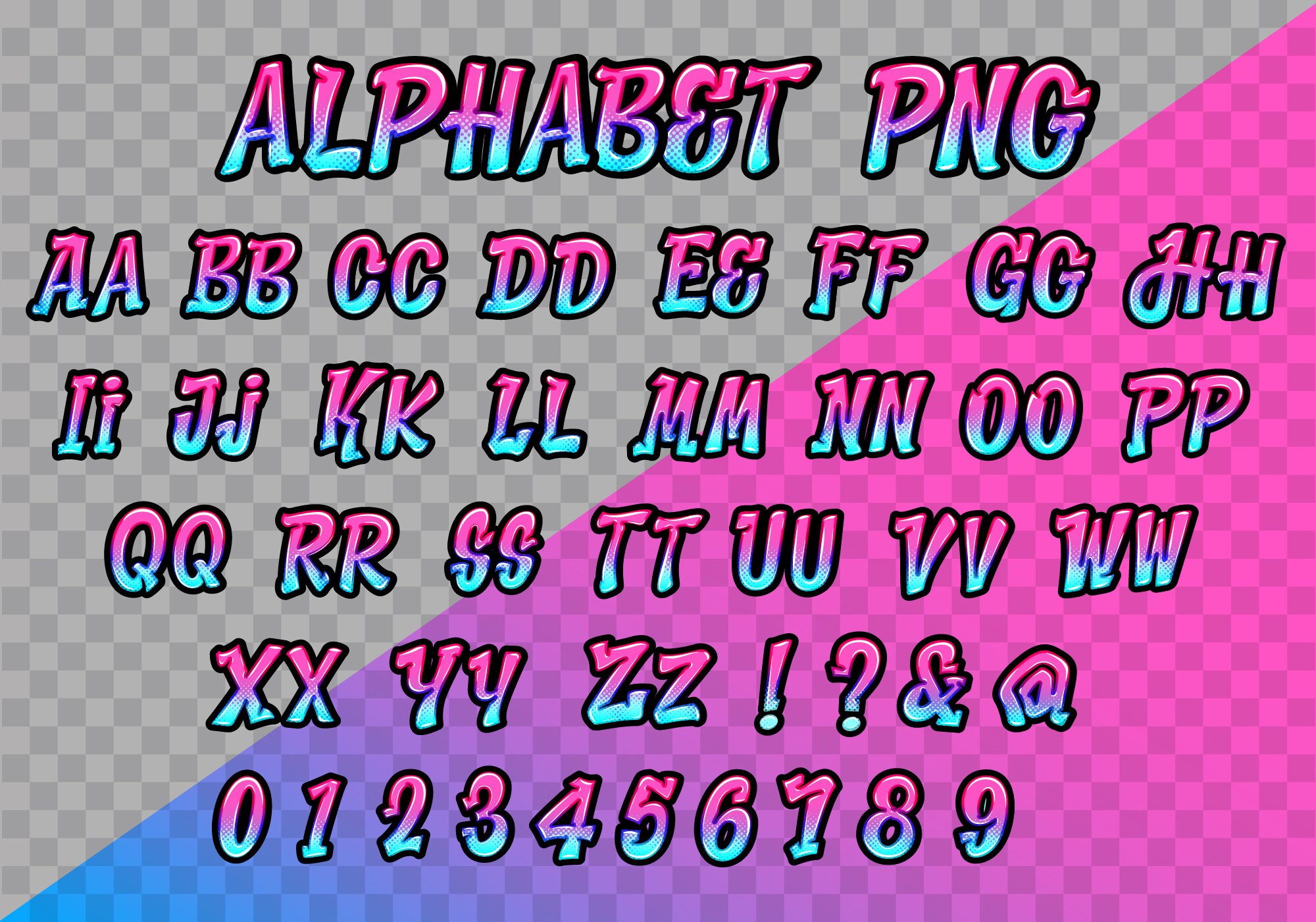 Kissi Pink Blue Color Alphabet Letters & Numbers PNG. File, Graffiti ...