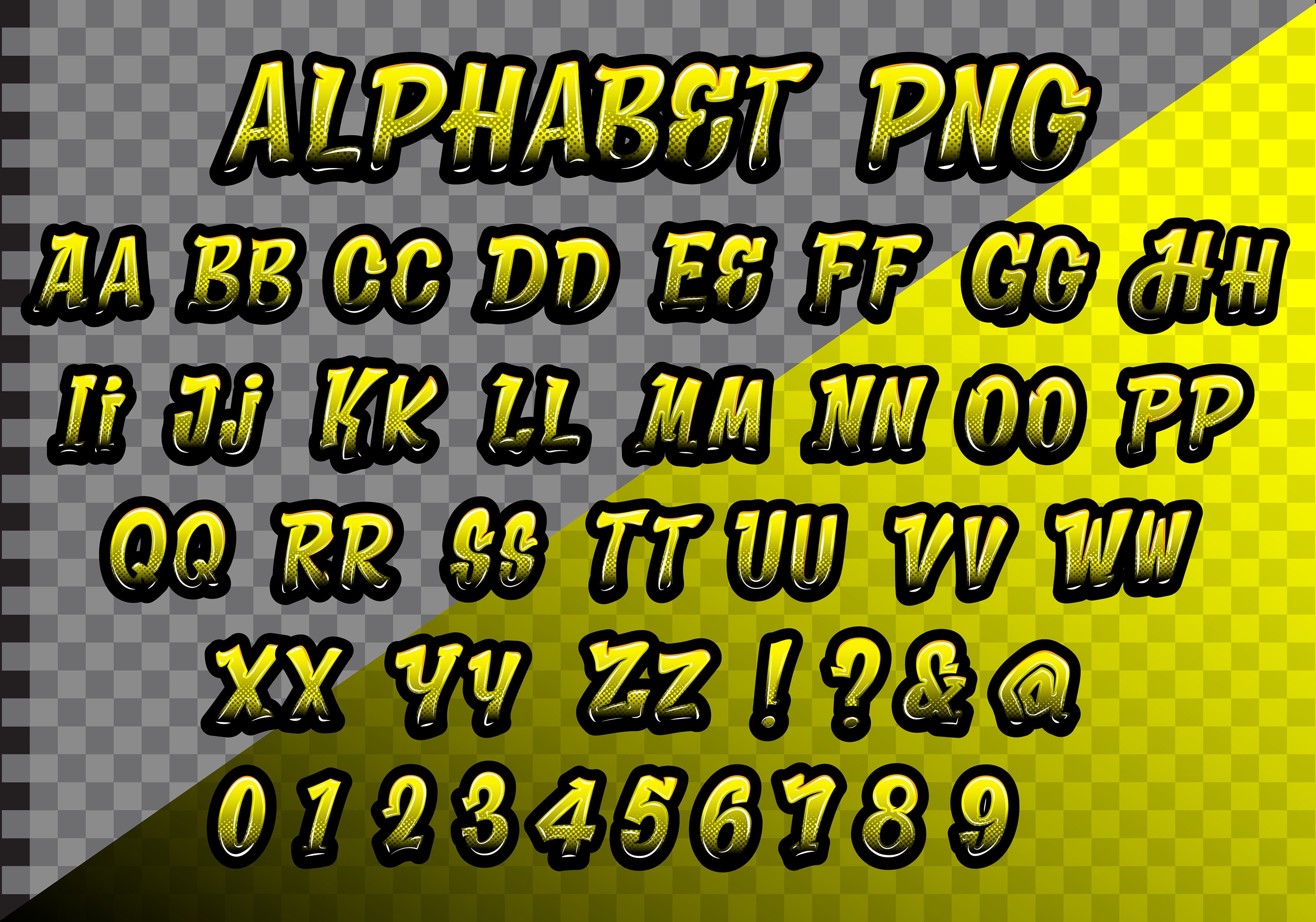 Kissi Yellow Black Color Alphabet Letters & Numbers PNG. File, Graffiti ...