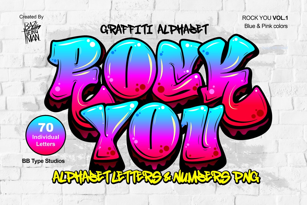 Blue Pink Graffiti Alphabet PNG: A4 Letters, Numbers, Punctuation (300 ...
