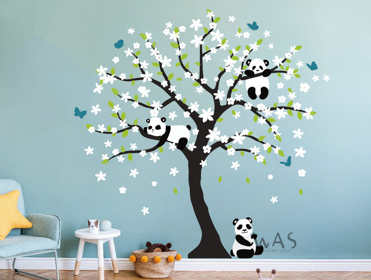 Panda Bear Tree Wall Decal 3 Playful Pandas Bear on Cherry - Etsy