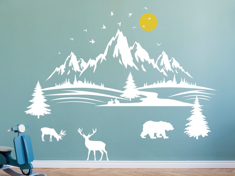 Mountains Vinyl Decals Landscape With Animals, Wall Sticker for Kids ...