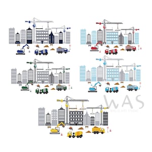 City Skyline Wall Stickers With Construction Truck Decals Excavator ...