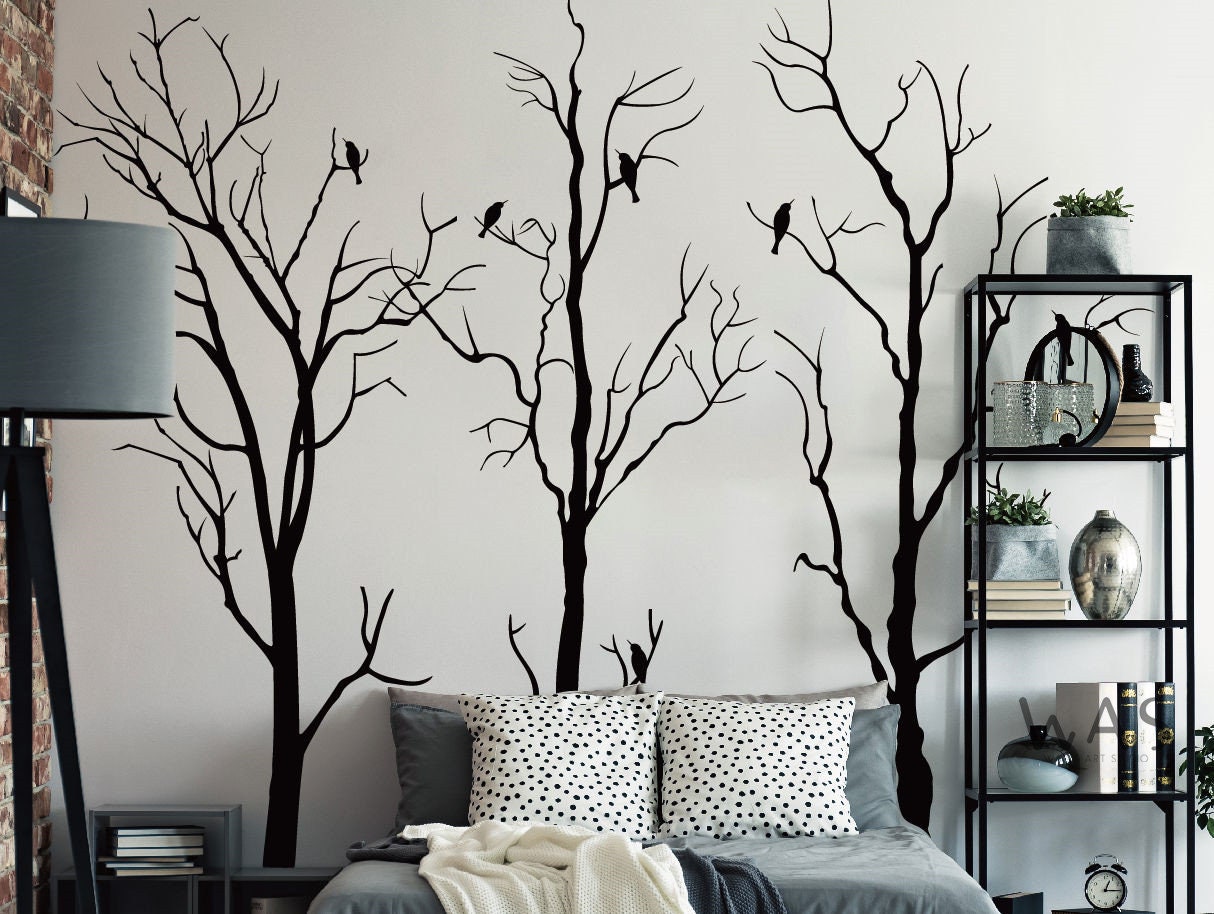 Large Tree Forest With Birds Decals, Winter Black Tree Wall Decals ...
