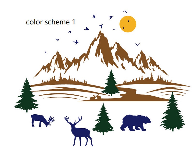 Mountains Vinyl Decals Landscape With Animals, Wall Sticker for Kids ...