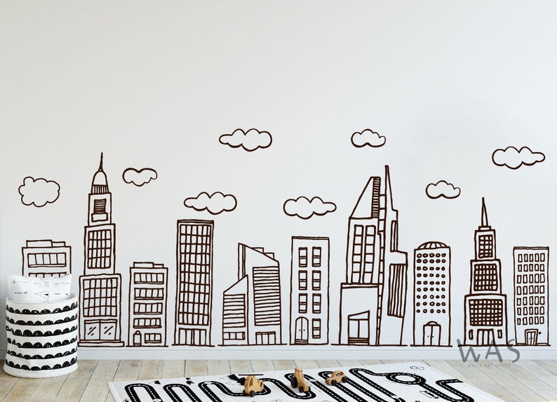Doodled City Skyline Hand Drawing Wall Decal for Kids Room - Etsy