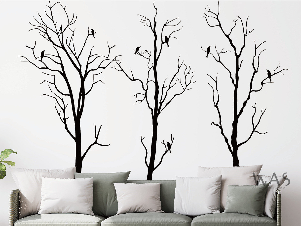 Large Tree Forest With Birds Decals, Winter Black Tree Wall Decals ...