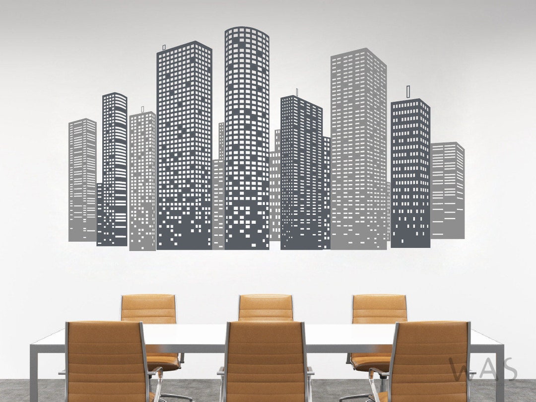 City Skyline Wall Decal Geometric Buildings Silhouettes Removable Vinyl ...