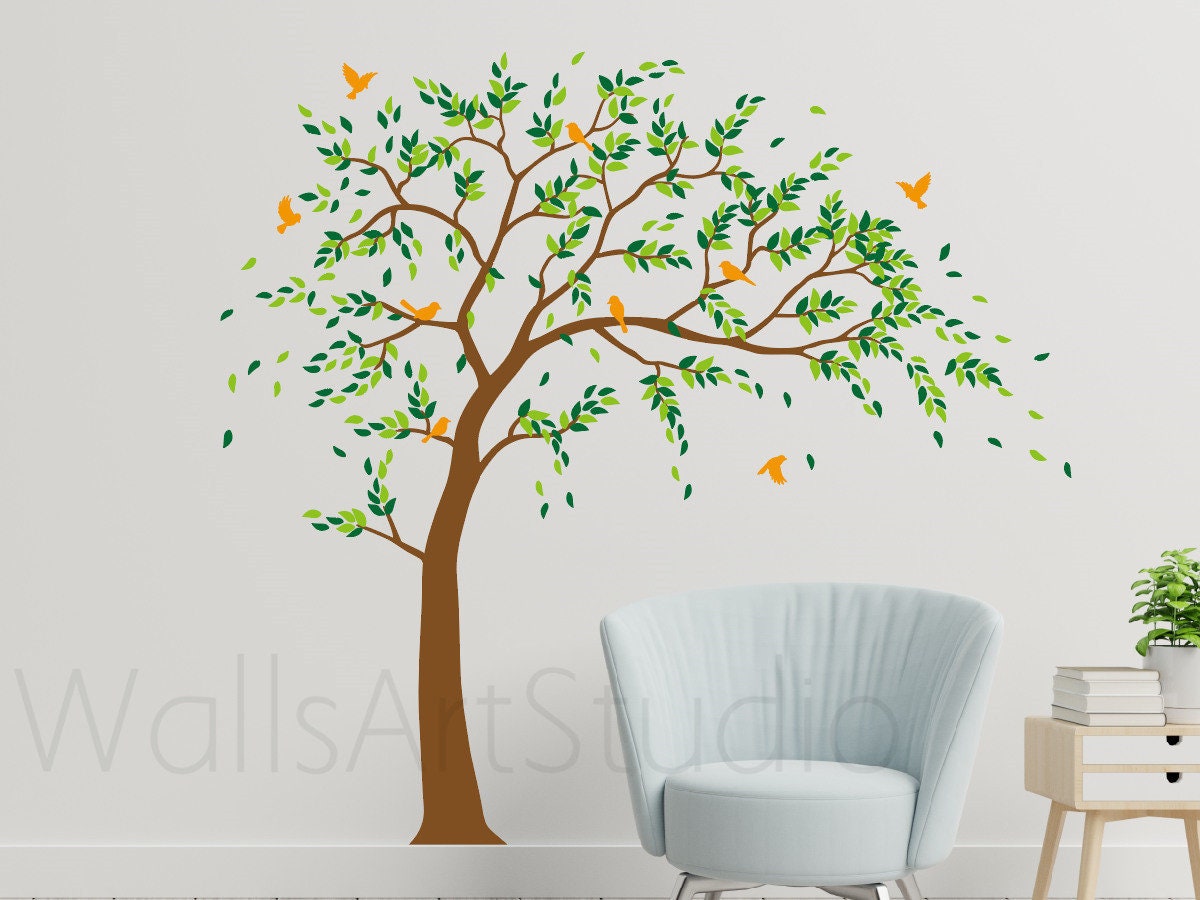 Blowing Tree Wall Decal Tree With Birds Wall Decal Girls - Etsy