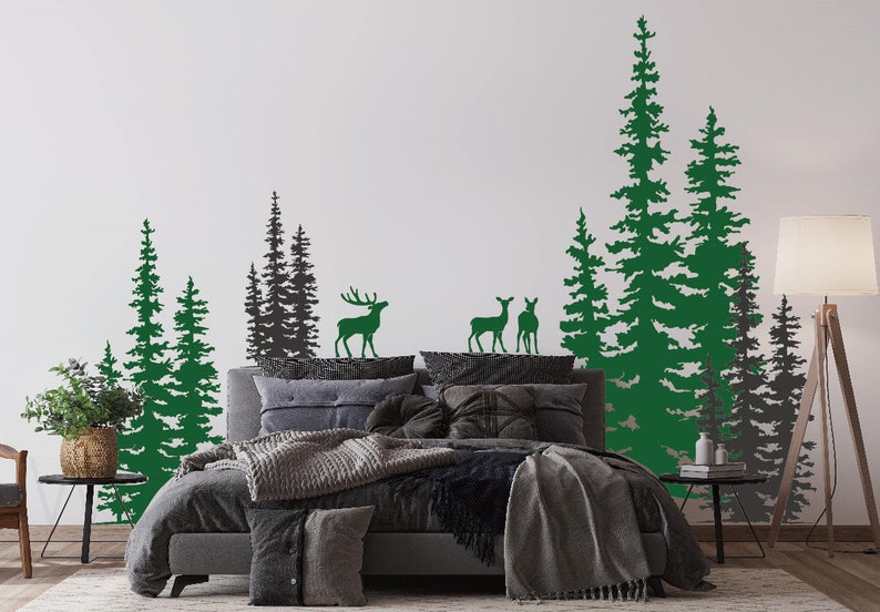 Forest Pine Trees Wall Decal Pine Tree With Deers Wall Etsy