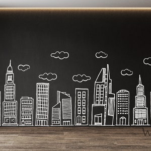 Doodled City Skyline Hand Drawing Wall Decal for Kids Room Playroom ...