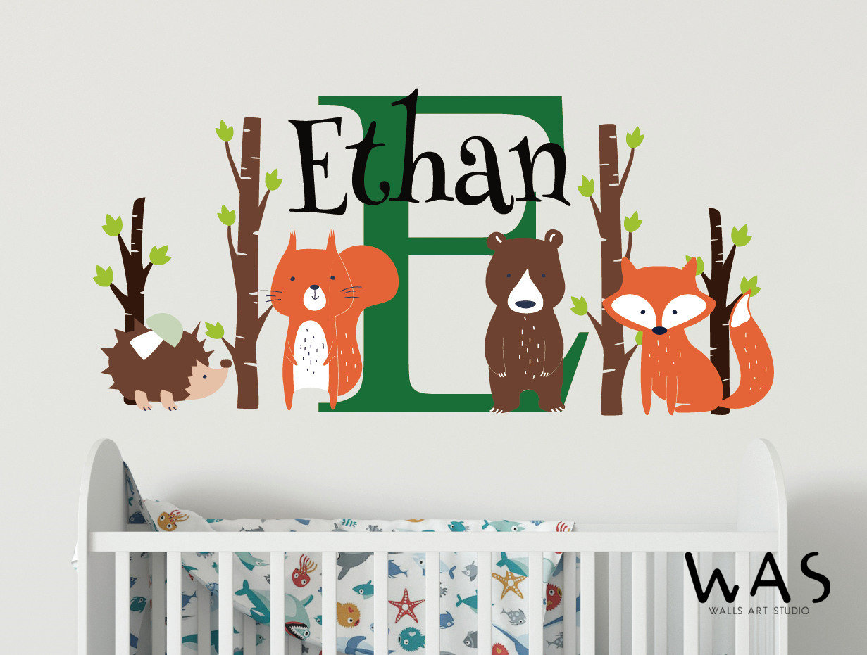 Woodland Animals Name With Monogram Wall Decal Forest Nursery | Etsy
