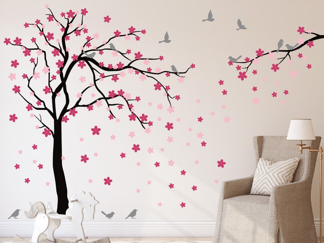 Cherry Blossom Tree Wall Decal , Flower Tree With Birds Wall Decal ...