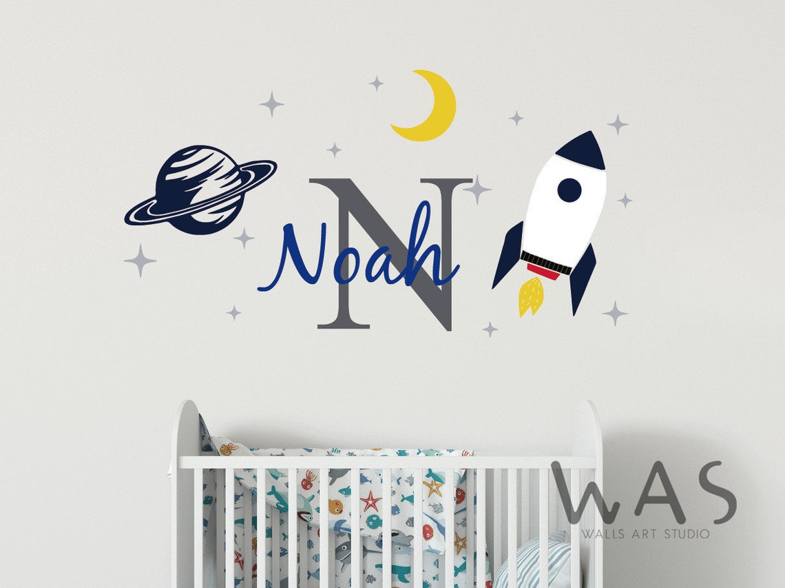 Custom Name With Initial Stars Space Rocket Wall Stickers | Etsy