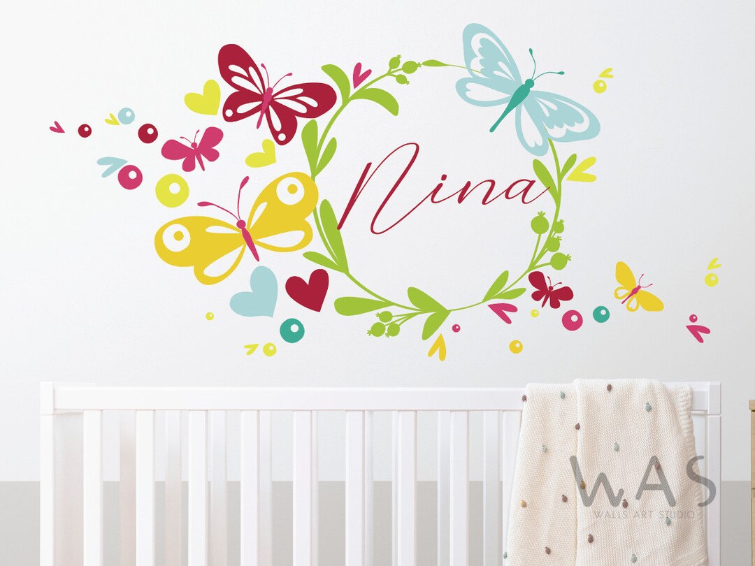 Girl's Name Wall Decor -custom Name Decals With Flower & Butterflies ...