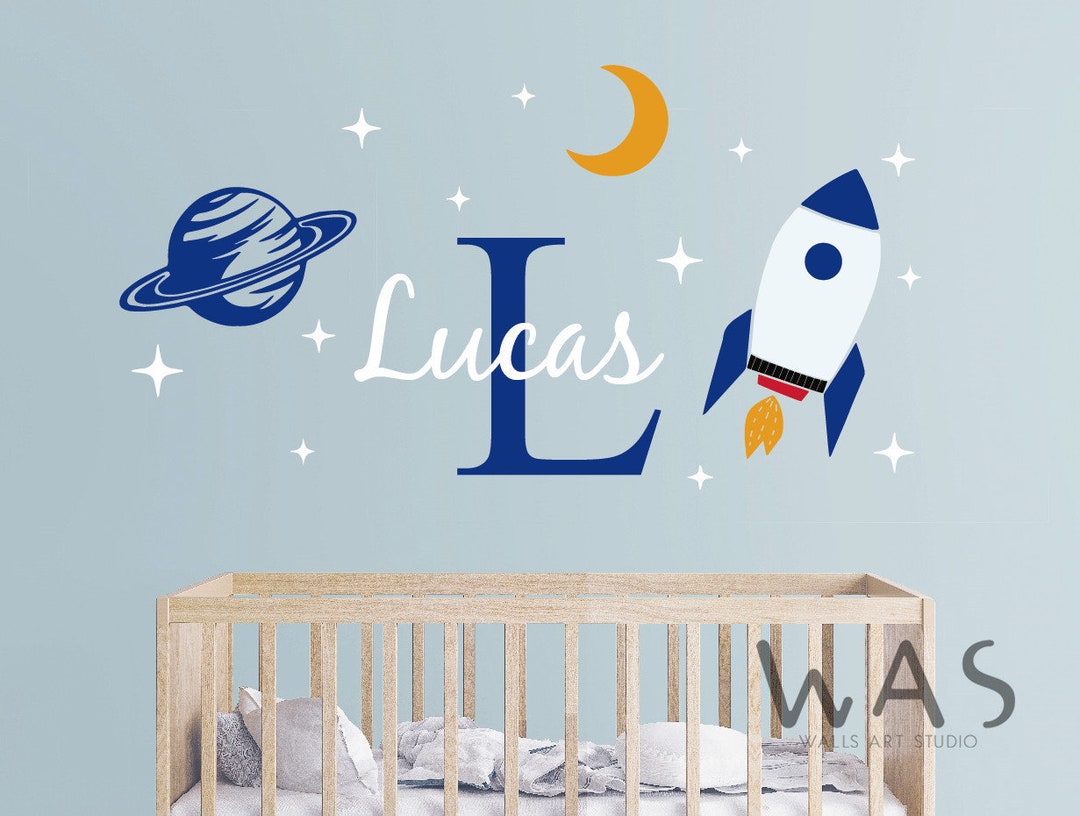 Custom Name With Initial Stars Space Rocket Wall Stickers - Planet Moon ...