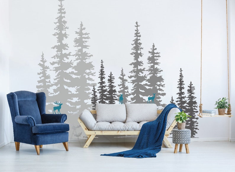 Forest Pine Trees Wall Decal , Pine Tree With Deers Wall Decal,large ...