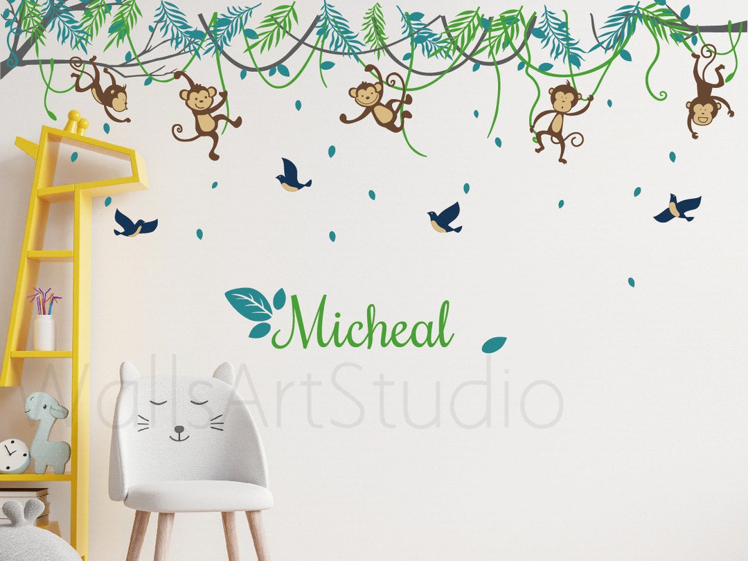 Jungle Monkeys Tree Wall Decal , Vines With Monkeys Wall Decal, Girls ...