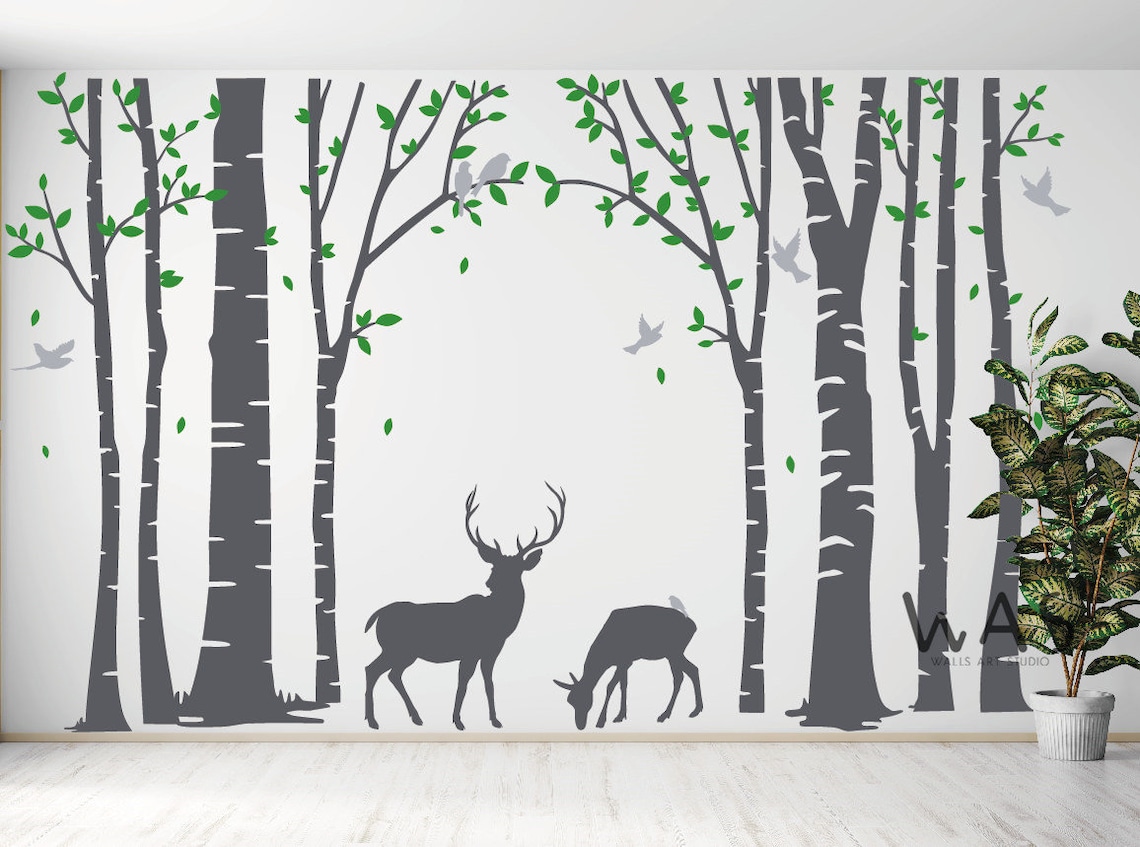 Birch Tree Deer Wall Decal Nursery Forest Removable Birch Trees Vinyl ...