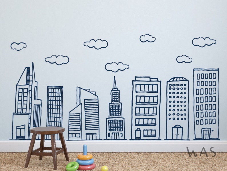 Doodled City Skyline Hand Drawing Wall Decal for Kids Room Playroom ...