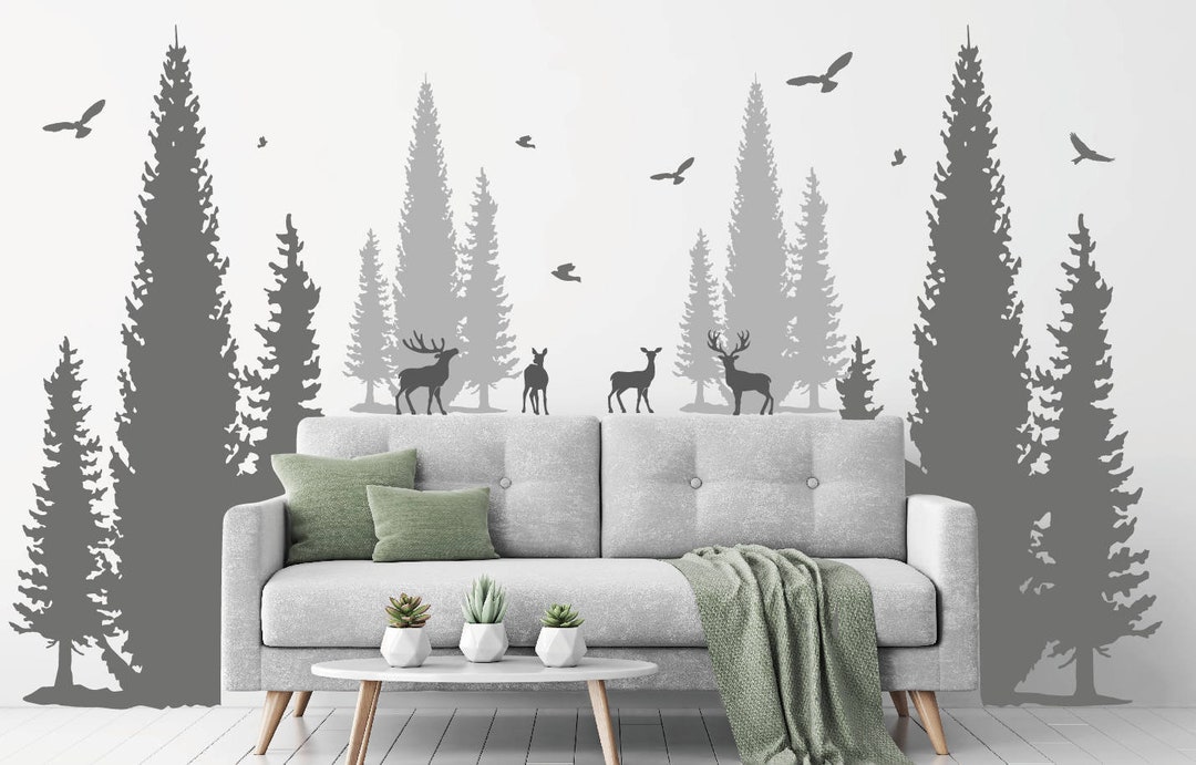 Pine Tree With Deers Wall Decal Forest Tree Wall Decal , Large Trees ...