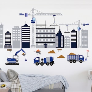 City Skyline Wall Stickers With Construction Truck Decals Excavator ...