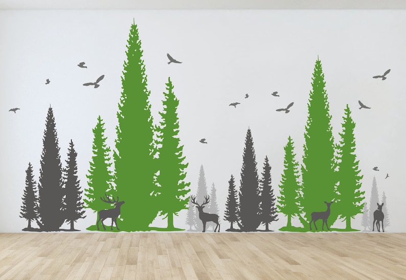 Pine Tree With Deers Wall Decal Forest Tree Wall Decal Large - Etsy