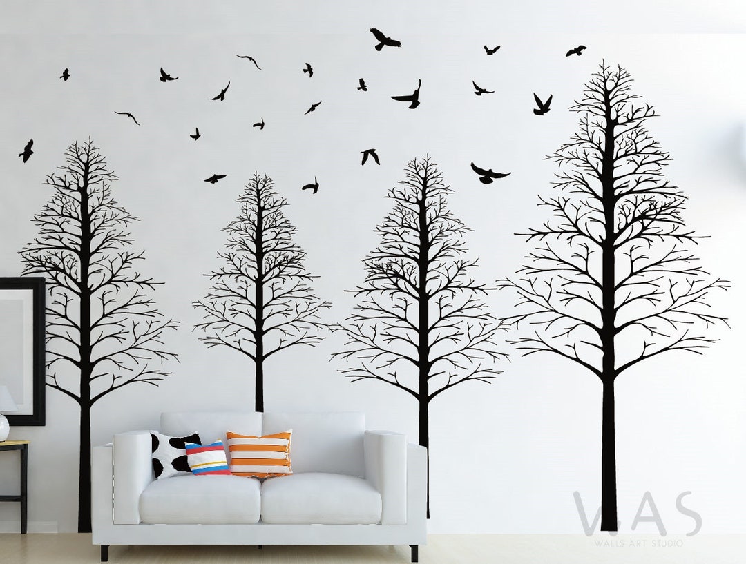 Trees Forest With Birds Decals, Winter Black Tree Wall Decals, Black ...
