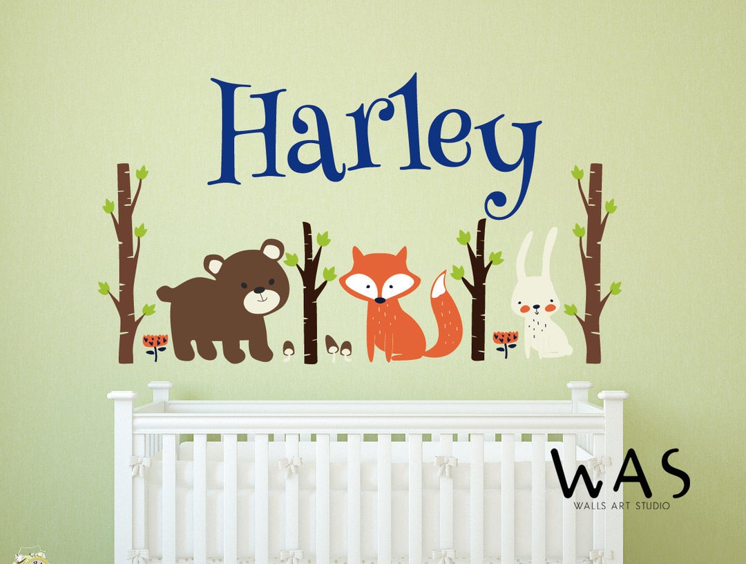 Woodland Animals Name Wall Decal Forest Nursery Baby Room Mural Art ...