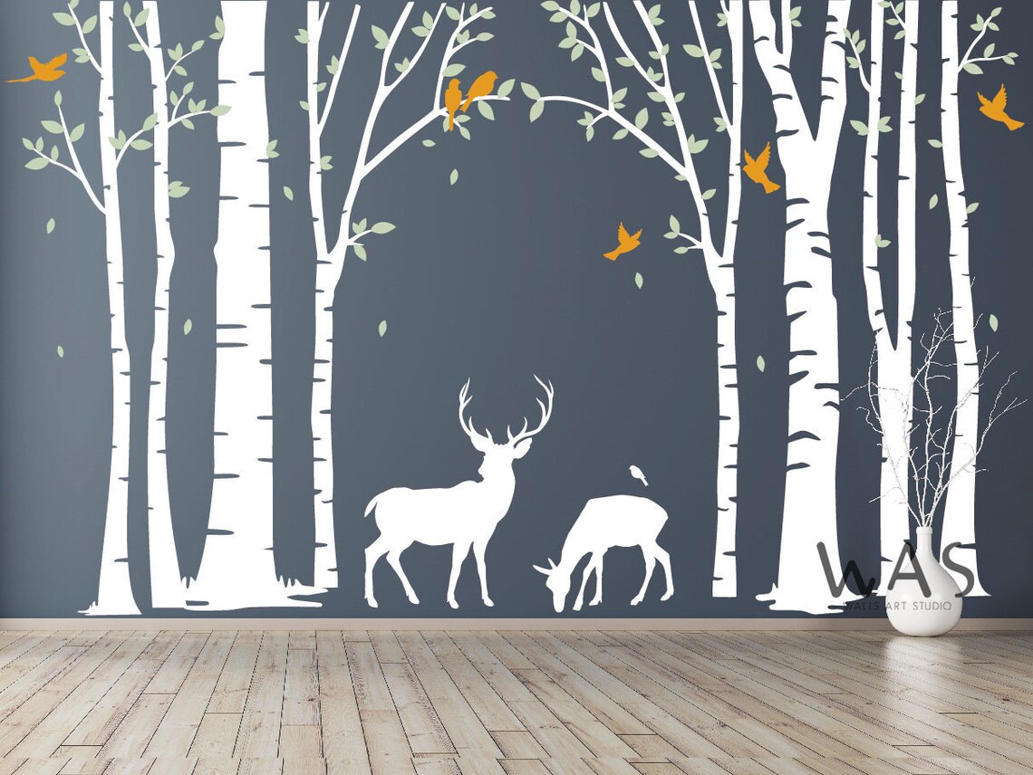 Birch Tree Deer Wall Decal Nursery Forest Removable Birch Trees Vinyl ...