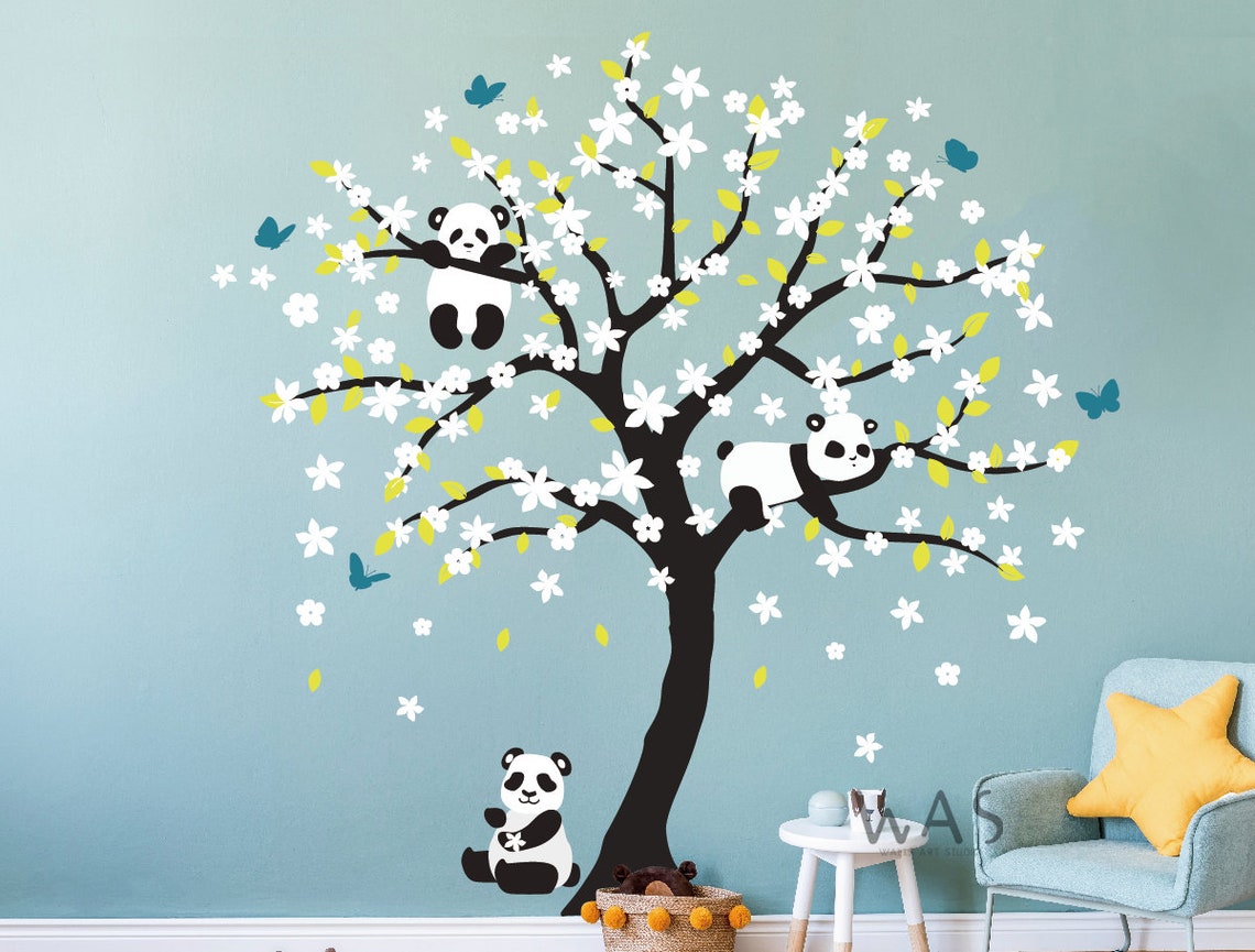 Panda Bear Tree Wall Decal 3 Playful Pandas Bear on Cherry - Etsy