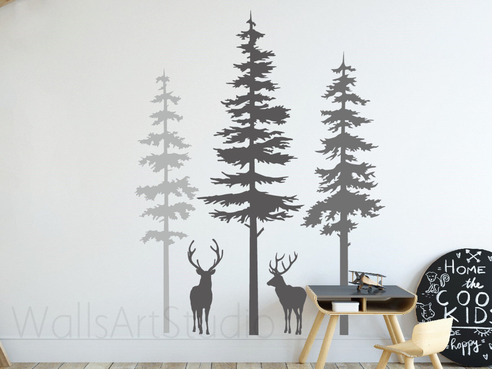 Pine Tree With Deers Wall Decals, Forest Wall Decals,pine Tree Wall ...