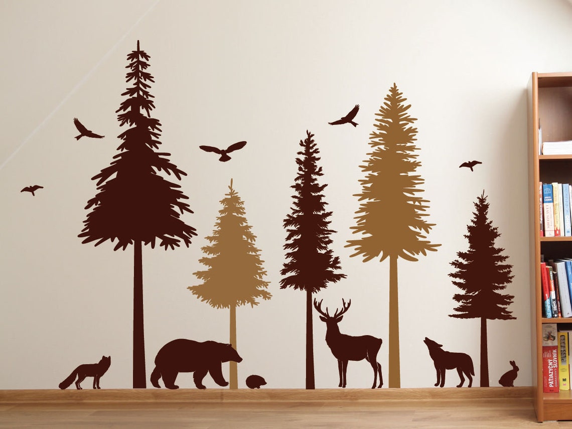 Pine Tree With Animals Bear Fox Wall Decals, Forest Wall Decals,wild ...