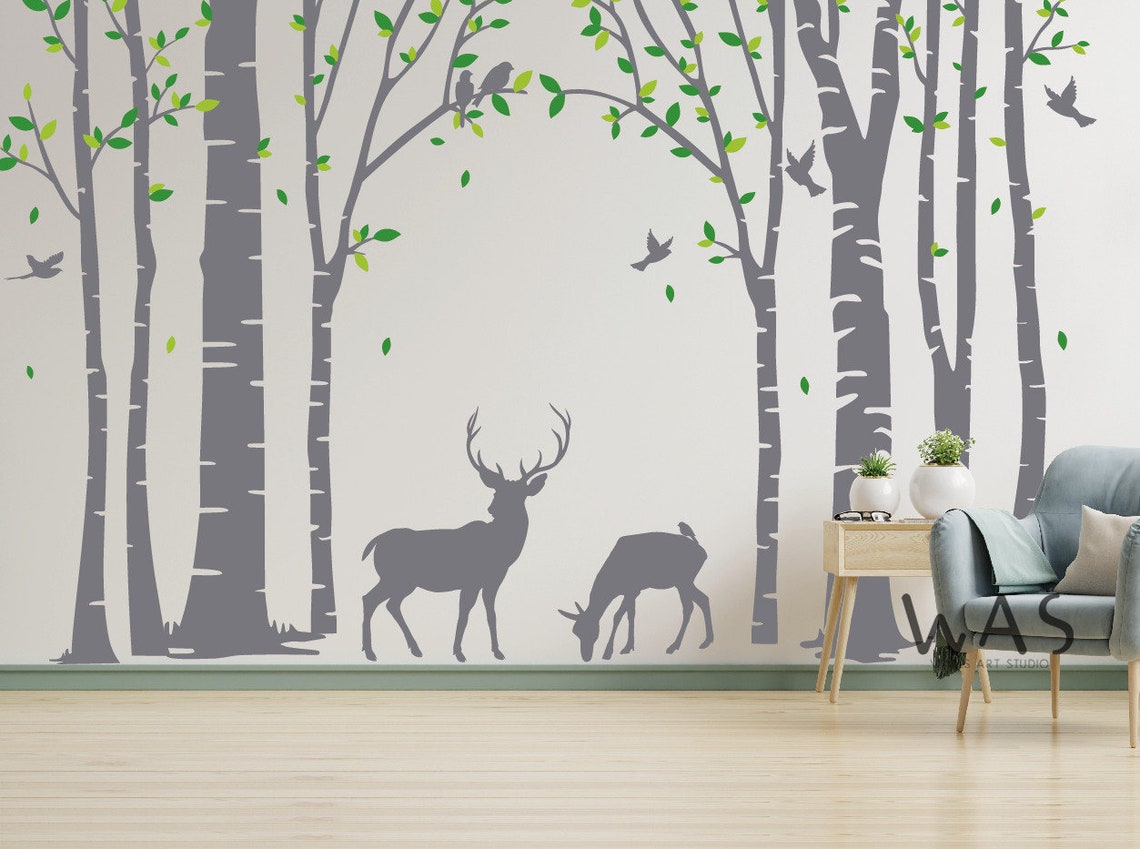 Birch Tree Deer Wall Decal Nursery Forest Removable Birch Trees Vinyl ...