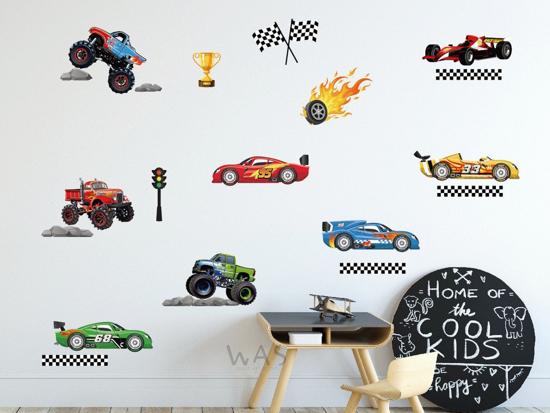 Racing Cars Wall Decals, Monster Trucks Vehicles Wall Stickers, Traffic ...