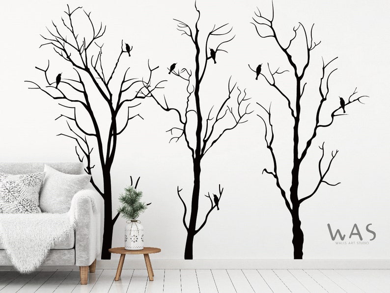 Large Tree Forest With Birds Decals, Winter Black Tree Wall Decals ...