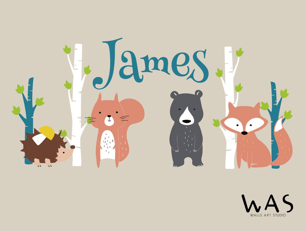 Woodland Animals Name With Monogram Wall Decal, Forest Nursery Baby ...