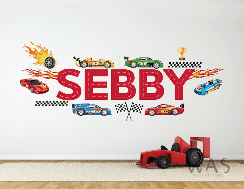 Race Cars Wall Decal for Boys Room - Custom Name Car Bedroom Decor ...
