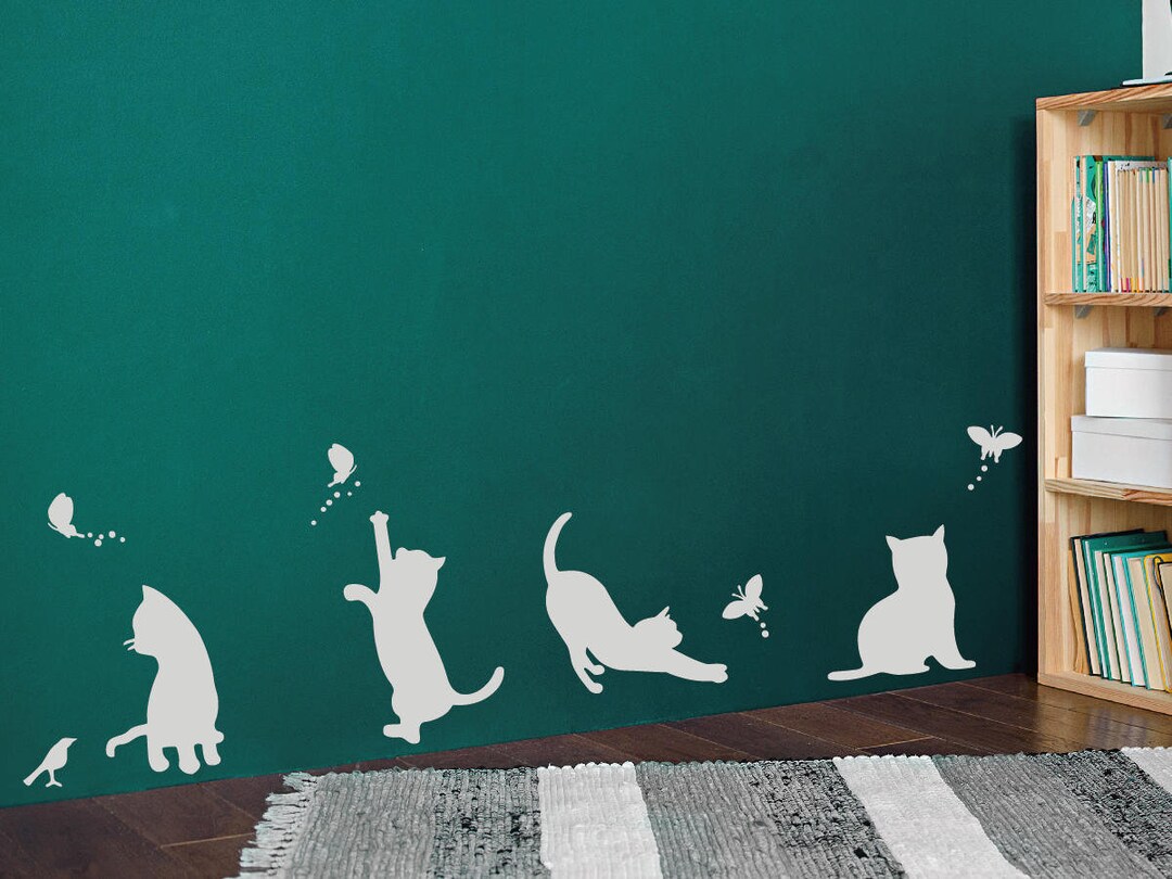 Cute Cats With Butterfly Wall Vinyl Decal, Animal Cats Wall Decal ...