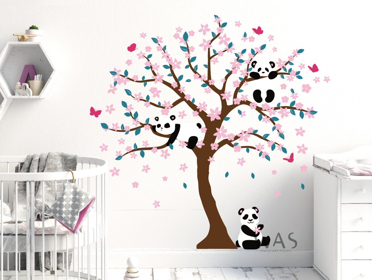 Panda Bear Tree Wall Decal 3 Playful Pandas Bear on Cherry - Etsy