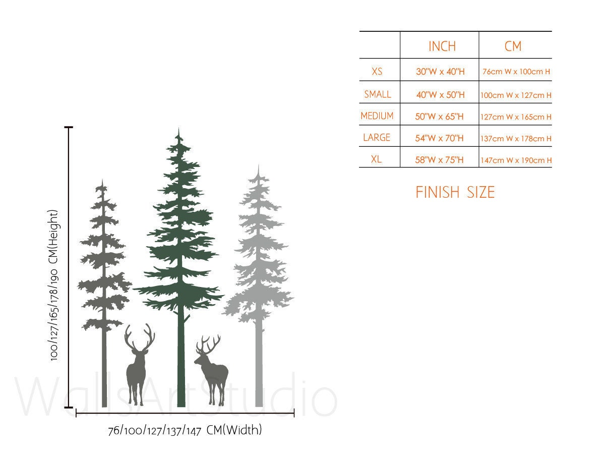Pine Tree With Deers Wall Decals, Forest Wall Decals,pine Tree Wall ...