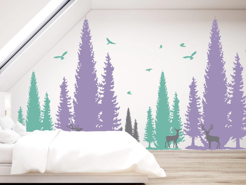 Pine Tree With Deers Wall Decal Forest Tree Wall Decal Large - Etsy