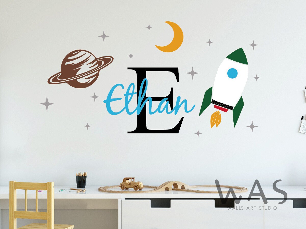 Custom Name With Initial Stars Space Rocket Wall Stickers | Etsy