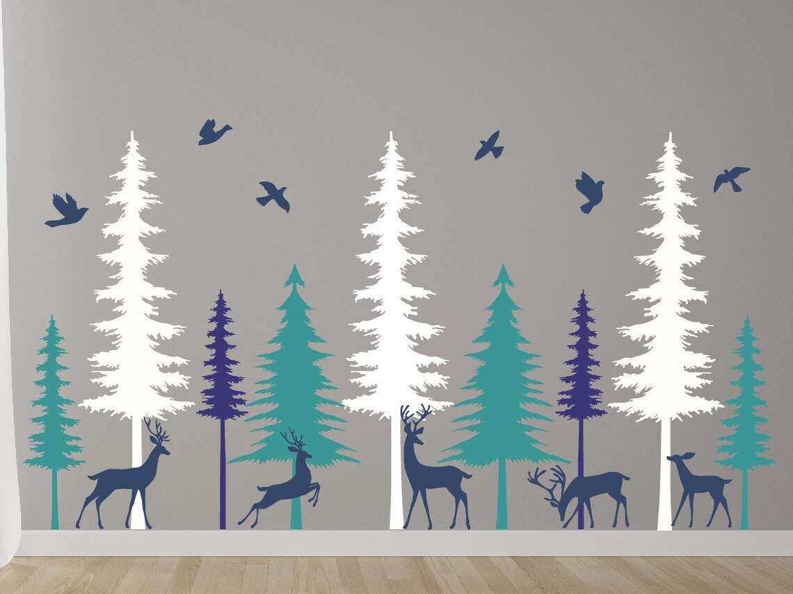 Pine Tree With Deers Wall Decals Forest Wall Decalswild Life | Etsy