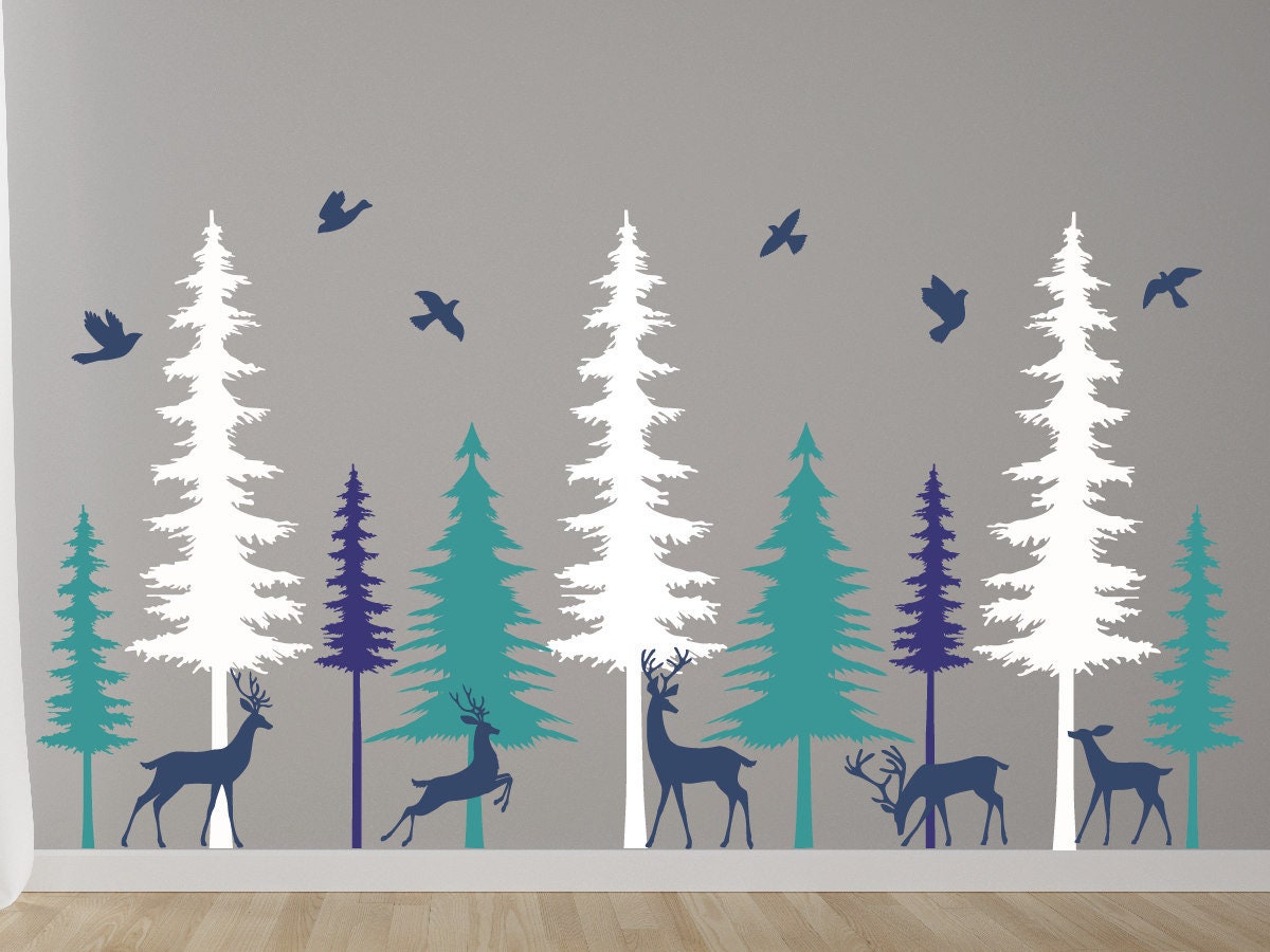 Pine Tree With Deers Wall Decals Forest Wall Decalswild Life - Etsy